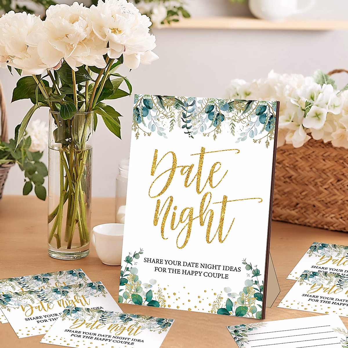 Wesiti 51 Pieces Eucalyptus Leaves Bridal Shower Games Date Night Game Sign and 50 Cards Greenery Bridal Shower Bachelorette Games Supplies Wedding Shower Games