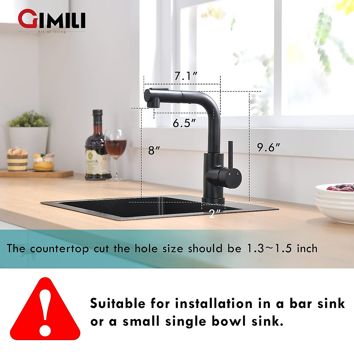 GIMILI Modern Bar Sink Faucet for Kitchen Sink Single Handle with Pull Out Sprayer Hot and Cold Prep Sink Faucet Matte Black