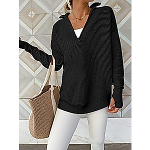 ANRABESS Sweater for Women Oversized Quarter Zip Long Sleeve V Neck Collared Casual Curved Hem Slouchy Ribbed Knit Thumb Hole Pullover Shirt 2023 Fall Winter Trendy Clothes Tops 624heise-M Black