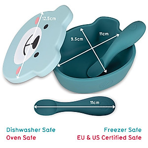 TUM TUM Suction Bowl for Baby, Toddler Bowl with Lid & Spoon, for Babies & Toddlers 6 Months+, BPA Free Silicone Baby Feeding Set, Microwave/Dishwasher/Freezer Safe, Boris Bear, Blue