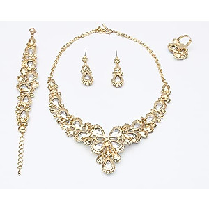 QYJ Women’s Wedding Bridal Austrian Crystal Glass Teardrop Statement Necklace Dangle Earrings Bracelet Ring Wedding Party Jewelry Set for Bridal Bridesmaid (AB Crystal-Gold Plated)