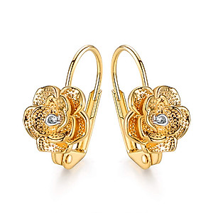 Barzel 18k Gold Plated Flower Earring For Women, Leverback Closure - Made in Brazil