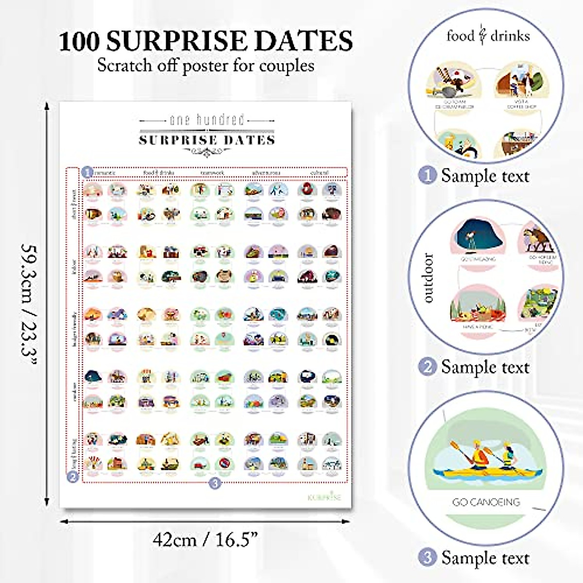 Kurprise 100 Surprise Bucket List Dates Scratch Off Poster with Fun, Interactive Date Ideas for Dating and Married Couples Games, Creative Custom Categories, Inspires Romance and Love