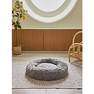 UOZZI BEDDING Plush Faux Fur Round Pet Cat Dog Bed, Comfortable Fuzzy Donut Cuddler Cushion Soft Shaggy and Warm for Winter 22" (Gray)