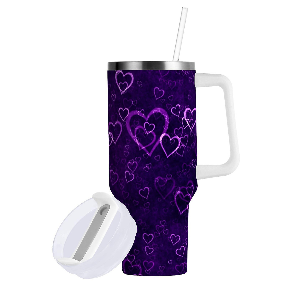 MCHIVER Hearts Purple 40 oz Tumbler with Handle and Straw Stainless Steel Vacuum Water Bottle Leak-proof Travel Coffee Mug Insulated Water Bottle for Hot Cold Beverages