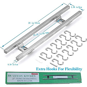 YIIYIIN 18 Inch Magnetic Knife Holder with Hooks - Magnetic Kitchen Knife Bar - Magnetic Knife Strips - Magnetic Utensil Holder - Kitchen Utensil Hanger - Kitchen Organizer