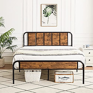 VECELO Bed Frame Size Heavy Duty Metal Platform with Wooden Headboard Footboard Mattress Foundation 12 Strong Steel Slats Support Under Bed Storage/Easy Assemble