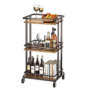 XYZLVSI 3-Tier Rolling Serving Bar Cart, Wood and Metal Kitchen Island Storage Cart with Wheels, Multifunction Utility Cart Storage Rack for Home, Kitchen, Bar, Dinning Room, Living Room (Brown)