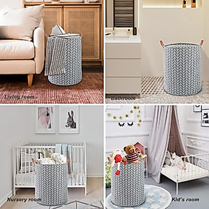 Tsingree 60L Waterproof Laundry Hamper, Large Foldable Laundry Basket with Leather Handles, Canvas Storage Bin for Kid's Room and Baby Nursery (Gery arrow)
