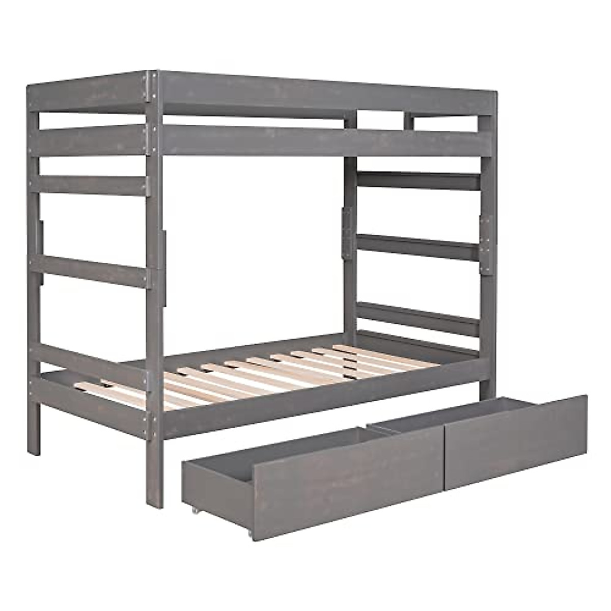 Flieks Twin Over Twin Wood Bunk Bed with 2 Drawers, Gray