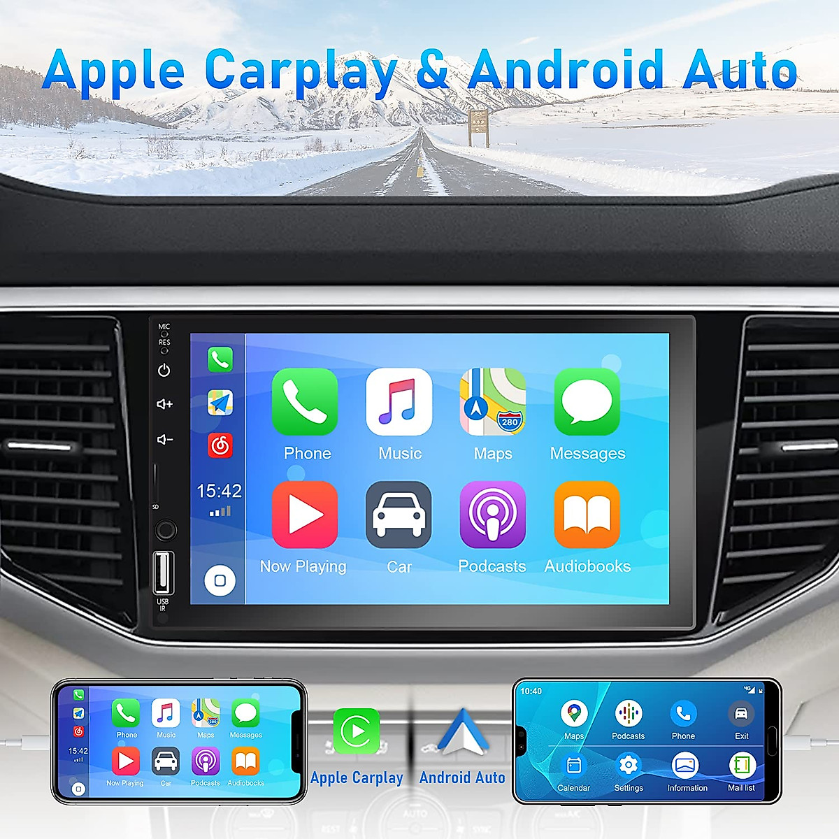 Double Din Car Stereo, in-Dash Car Radio with CarPlay/Android Auto Bluetooth 7 Inch HD Touchscreen Auto Radio with Backup Camera, FM/Mirror Link//TF/AUX/USB/Multimedia MP5 Player