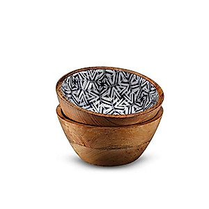 Folkulture Wooden Bowls for Food or Salad Bowls Set, Small Bowl for Serving Pasta and Cereal, Set of 2 Wood Bowl, 6 inch by 3 inch, Mango Wood, Blue Leaves