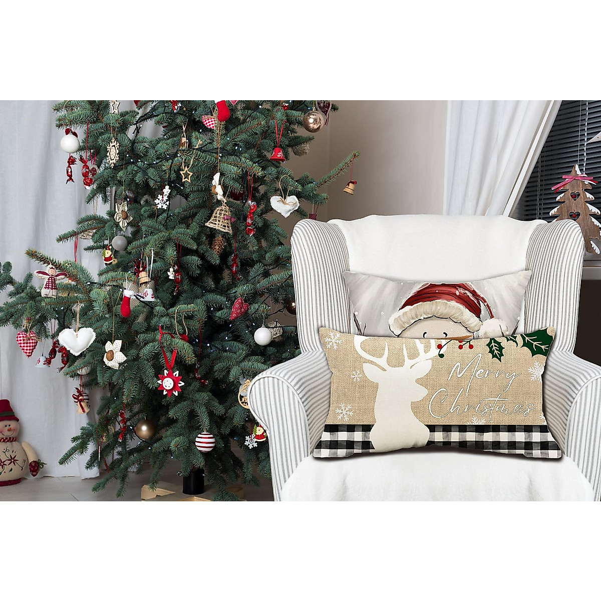 KACOPOL Black White Buffalo Plaid Deer Throw Snowflake Merry Christmas Throw Pillow Cover Linen for Couch Bed Sofa Car Cushion Covers 12 x 20 inch Pillow Case