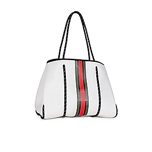 Haute Shore - Greyson Trento Neoprene Tote Bag w/Zipper Wristlet Inside, White Coated W/Red, Black & Green Stripe