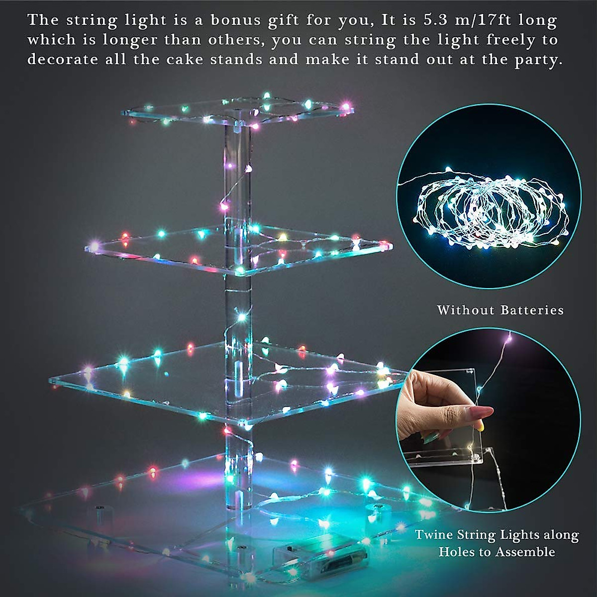 YestBuy 3 Tier Shelf Cake Pop Stand (Blue) + 4 Tier Premium Cupcake Holder – Acrylic Cupcake Tower Display – Cady Bar Party Décor – Acrylic Display for Pastry Weddings, Birthday(Colorful Light)