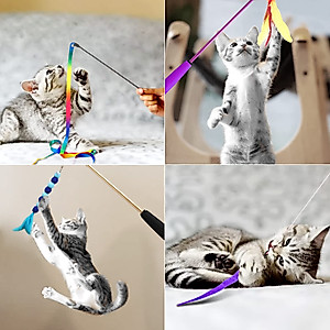 Atosun Cat Toys, 2PCS Retractable Cat Feather Toys, 10PCS Replacement Teaser Refill, 1PC Rainbow Ribbon Wand Interactive Kitten Toys for Indoor Cat Make Exercise