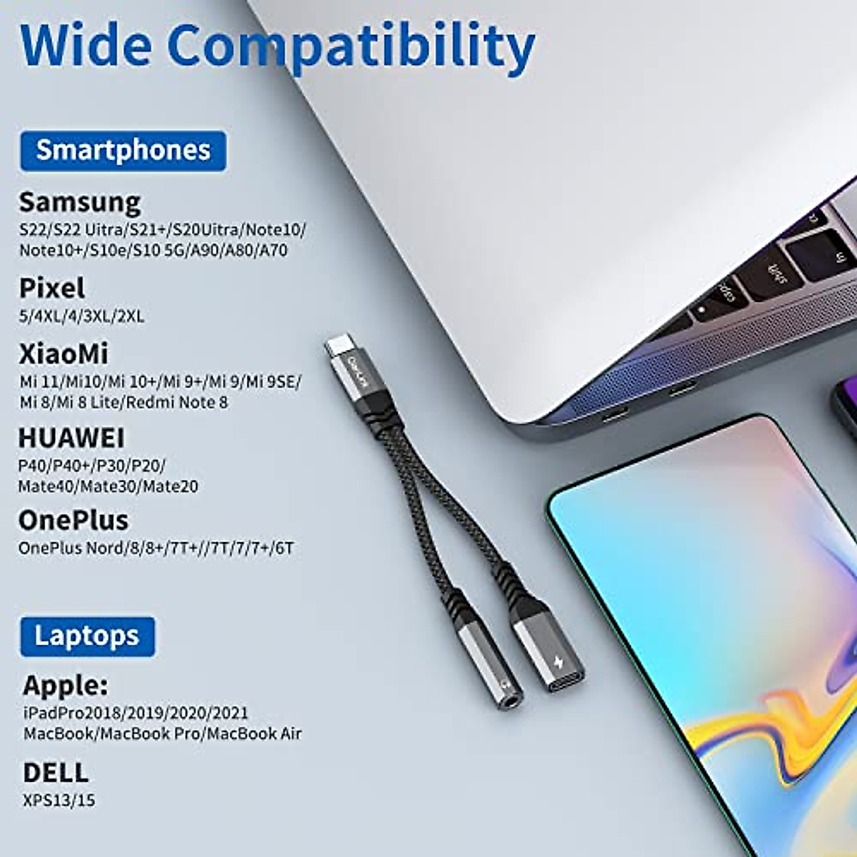 USB C to 3.5mm Headphone and Charger Adapter, 2-in-1 Type C to Aux Jack Cable with PD 60W Fast Charging for iPhone 15 Plus 15 Pro Max, Samsung Galaxy S20 S21 S22 S23, Note 20 10, iPad Pro Air4, Pixel