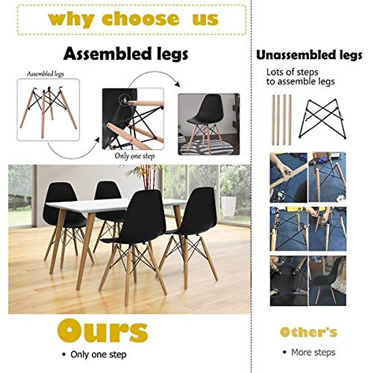 Giantex Dining Chairs Set of 2 Black, Pre Assembled Mid Century Modern Dining Chairs with Wood Legs, Armless Kitchen Chairs, Plastic Dining Side Chair for Dining Room, Kitchen, Living Room