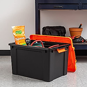 IRIS USA 19 Gallon Heavy-Duty Plastic Storage Bins, 2 Pack, Store-It-All Container Totes with Durable Lid and Secure Latching Buckles, Garage and Metal Rack Organizing, Black/Orange