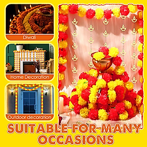 Yunsailing 10 Pcs Diwali Decorations Set Day of The Dead Decorations 5ft Artificial Marigold Garland Flowers and 6.56 ft Diwali Curtain String Lights LED DIY Lights for Indian Home Outdoor Decor