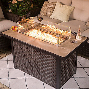 Nuu Garden 43'' Propane Fire Pit Table, CSA Certified 50,000 BTU Outdoor Patio Propane Fire Pit Table with Fire Pit Wind Guard,Removable Lid, Ceramic Tabletop, Water-Proof Oxford Cover, Dark Brown