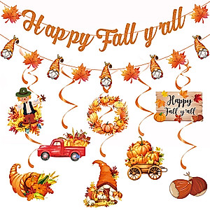 Happy Fall Y'all Decorations, Fall Party Decorations Supplies Glitter Happy Fall Y'all Banner, Pumpkin Maple Leaf Ceiling Hanging Swirls, Maple Garland for Fall Thanksgiving Day