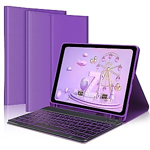for iPad Air 4th 5th Generation Case with Keyboard,7-Color Backlit Detachable Smart Folio Keyboard Cover with Pencil Holder,Soft TPU Back Cover Keyboard for iPad Pro 11" / iPad Air 4/5th 10.9",Purple