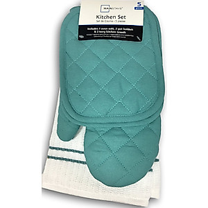 Topaz Kitchen Towel Set 5 Piece - Pot Holders, Oven Mitt and Terry Kitchen Towels