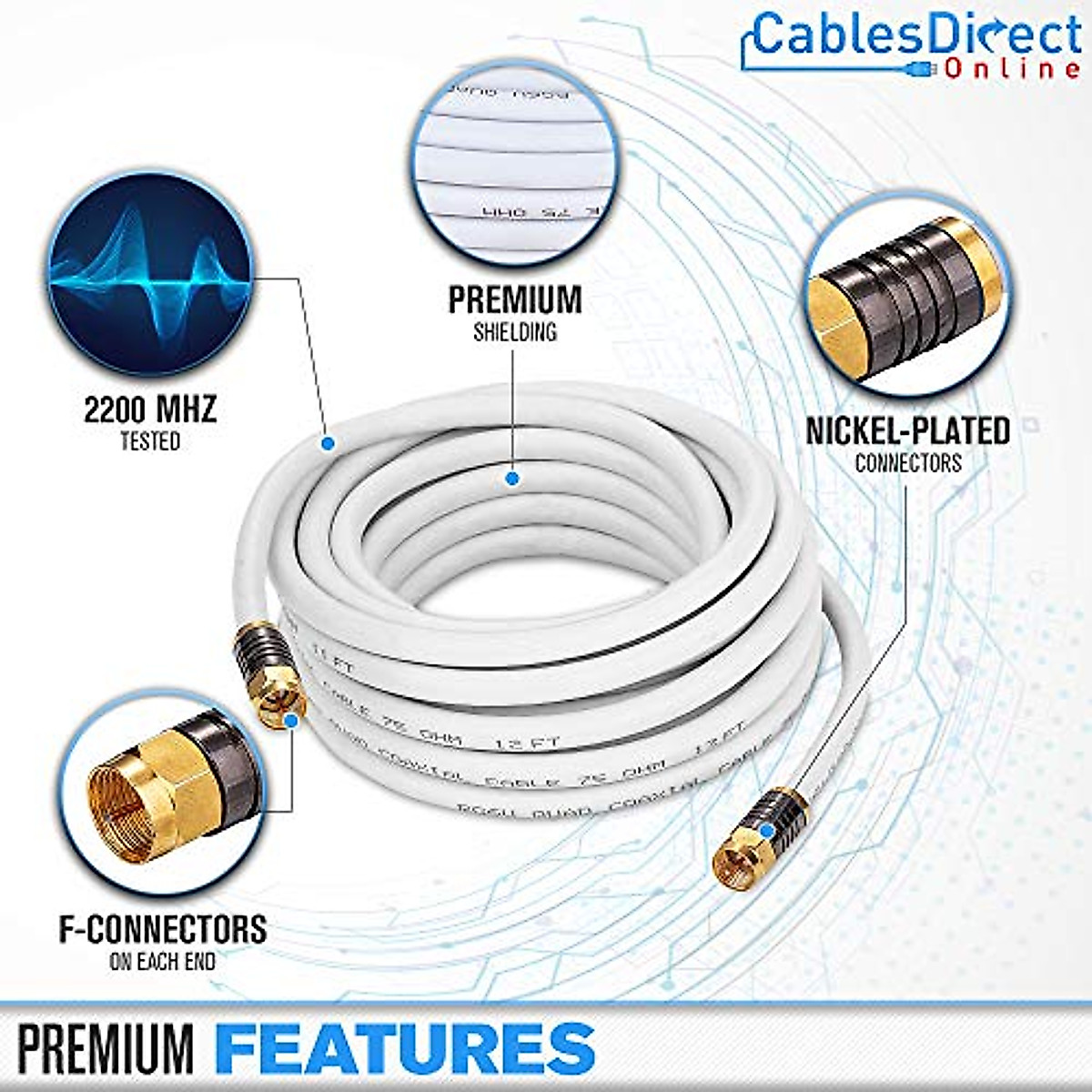 Cables Direct Online 100ft White Quad Shield RG6 Coax Cable F Pin Coaxial Tip BNC Extension Wire for Satellite Dish Cable TV Antenna