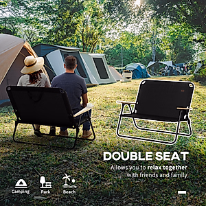 Outsunny Double Folding Camping Chair, Loveseat for 2 Adults, Portable Camping Couch with Wood Armrest & Cupholders, for Backpacking, Beach, Sports Travel, Black