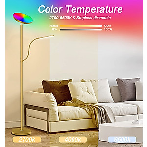 Hyskostar Gold Floor lamp,Top Sky Light and Side Reading Lamp,RGB LED Modern Super Bright Floor Lamps-Tall Standing Pole Light with Remote & Touch Control for Living Room,Bed Room,Office