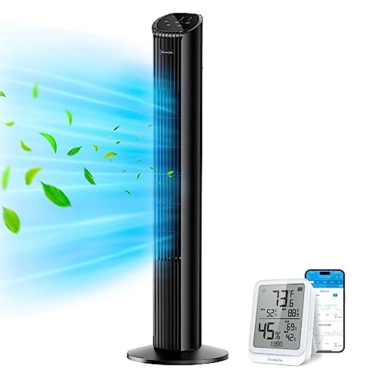 GoveeLife 36'' Smart Tower Fan for Bedroom Bundle with Hygrometer Thermometer H5104, Bluetooth Room Temperature Monitor with APP Alert and 2 Years Date Storage Export, Remote LCD Digital Display