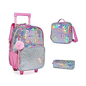 Oruiji Pink Rolling Backpack for Girls Backpack with Wheels Kids Wheeled School Backpack for Girls 8-12 Students Bookbag Roller Luggage Suitcase