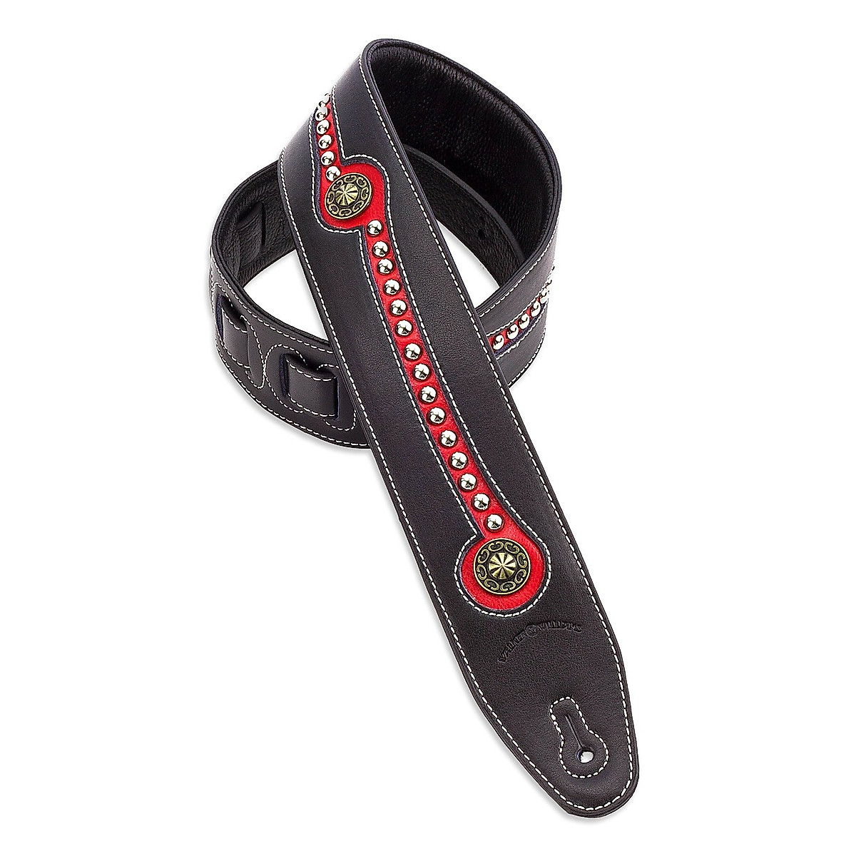 Walker & Williams Black & Red Western Style Padded Guitar Strap with Chrome and Brass Studs For Acoustic, Electric, And Bass Guitars