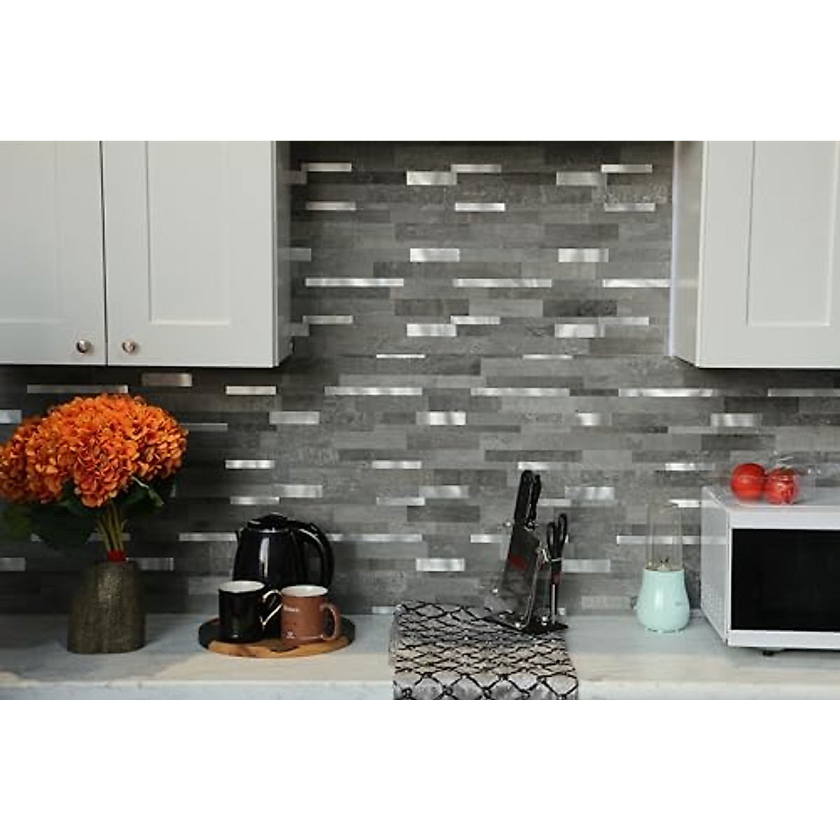 COLAMO Luxury 10 Sheet Peel and Stick Cement Gray Silver Aluminum Metal Mix Tile, Adhesive Faux Stone Tile for RV,Kitchen Sink Backsplash,Bathroom,Accent Wall, Self Stick On Wall Tile (Concrete Look)