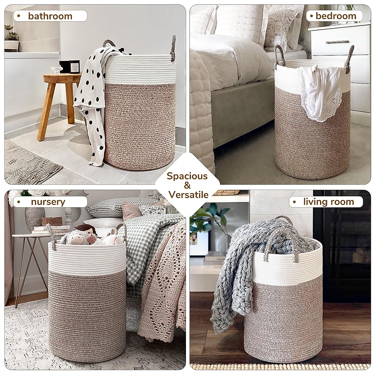 INDRESSME Large Laundry Basket, 60L Dirty Clothes Hamper, Baby Laundry Hamper for Toys, Woven Laundry Basket for Clothes, Blanket Storage Basket, 19.7 x 13.8 inches