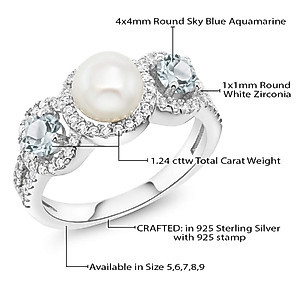 Gem Stone King 925 Sterling Silver Cultured Freshwater Pearl and Sky Aquamarine Engagement Ring For Women (1.24 Cttw, Available 5,6,7,8,9) (Size 7)