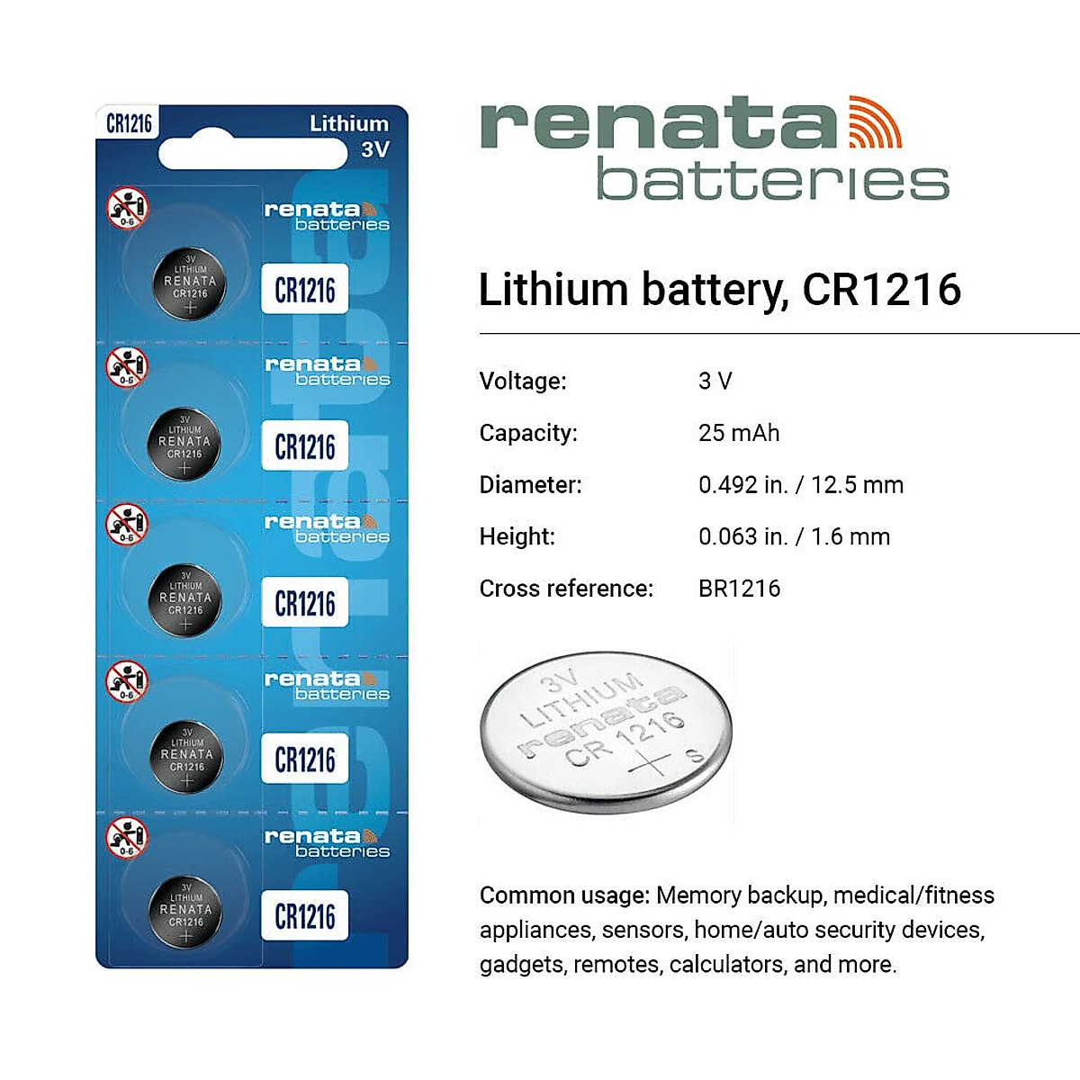 Renata CR1216 Batteries - 3V Lithium Coin Cell 1216 Battery (5 Count)