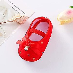 Lykmera Princess Walking Shoes for Baby Girl Pearl Sole Shoes Hanging Bow Sneaker Shoes Walking Shoes for Toddler Baby Girl (Red, 0-3Months)