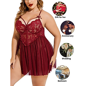 Avidlove Plus Size Lingerie for Women Valentines Day Lace Babydoll Nightgown Sexy Sleepwear Sheer Mesh Nightwear Dark Red
