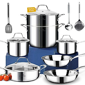 HOMICHEF 14-Piece Nickel Free Stainless Steel Cookware Set Whole-Clad 3-Ply - Mirror Polished Pots And Pans Set - Healthy Cookware Set With Steamer - Non-Toxic Induction Cookware Sets