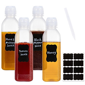 PARBEE 16oz Condiment Squeeze Bottles with Flip Top Lid, 4 Pack Refillable Condiment Containers Ketchup Squeeze Bottles, Leak Proof Dispenser for Syrup Oil BBQ Sauce with Labels & Markers