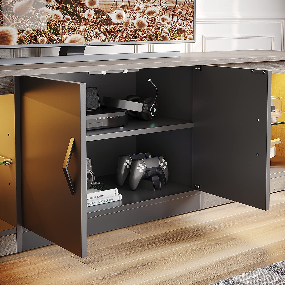 Bestier 70 Inch Led TV Stand for 75 Inch TV Large Entertainment Center Gaming with Adjustable Glass Shelves Two Cabinets Modern TV Console for Living Room 22 RGB Modes, Wash Gray