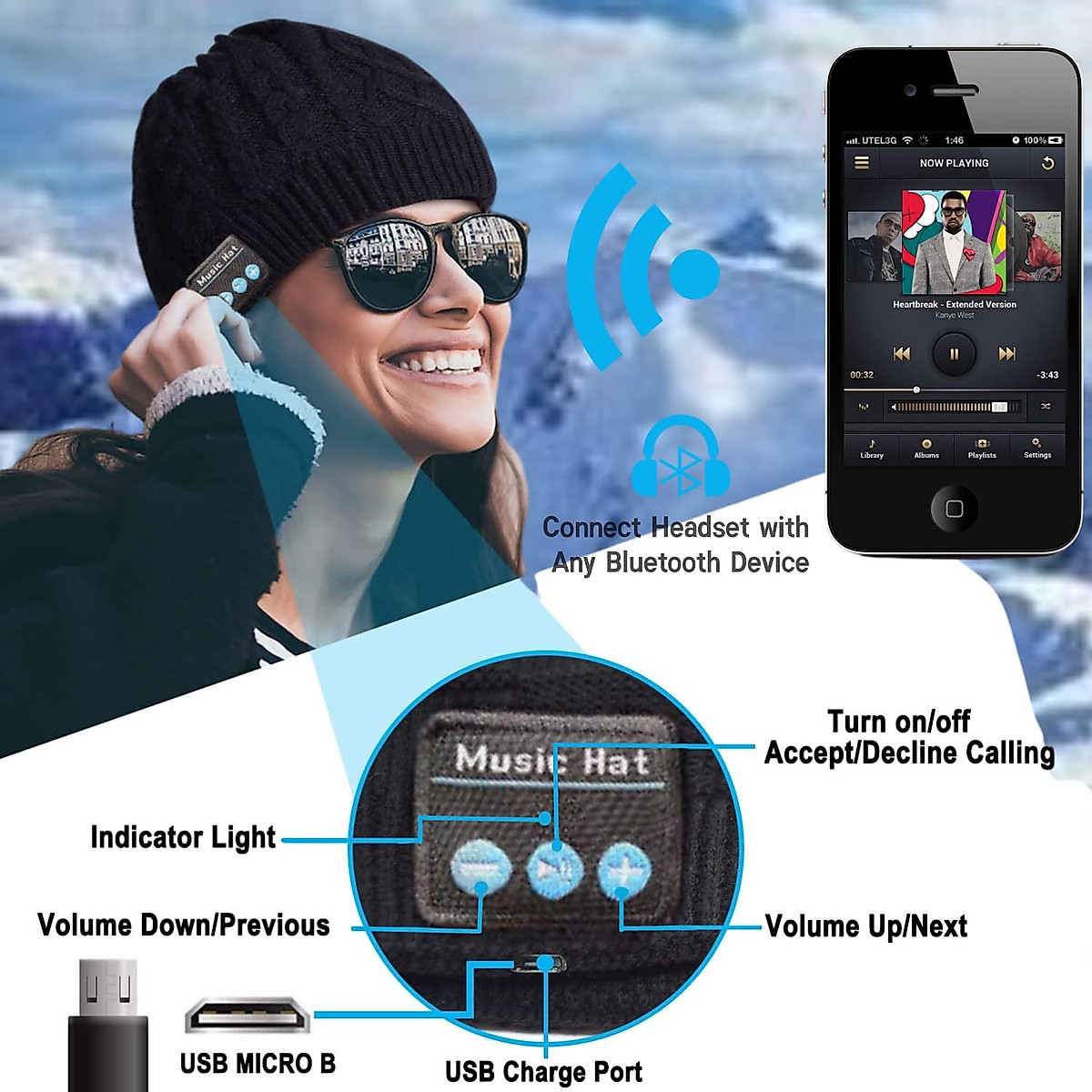 Bluetooth Beanie Hat Unique Gifts for Men Women - Wireless Music Hats Winter Knitted Cap - Unisex Stretchy Daily Hat Built-in Stereo Speakers Microphone, Ideas Gift for Girls Boys Teen Dark Black