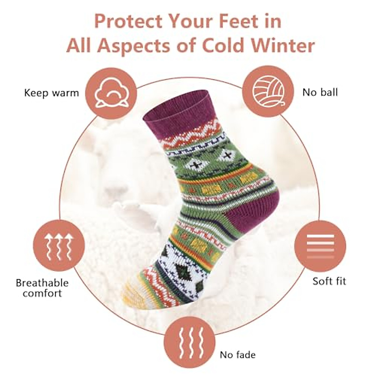 besky 5 Pairs Winter Wool Socks Women, Knit Thick Wool Soft Warm and Breathable Cozy Socks for Womens, Mountain Climbing, Skiing - Christmas Gifts