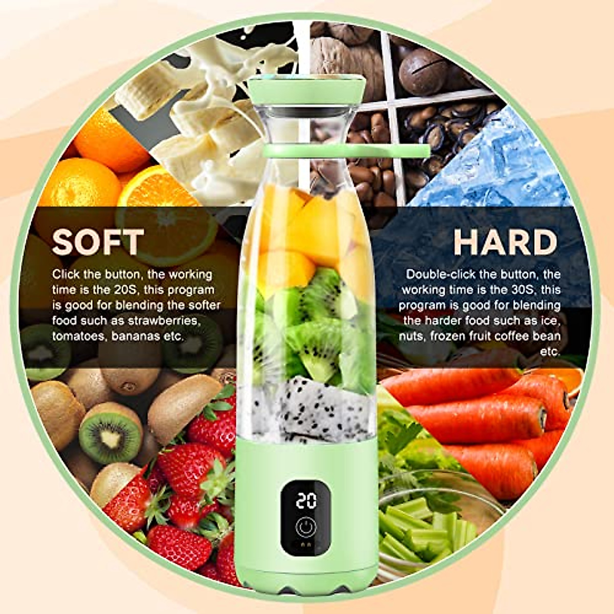 Portable Blender for Shakes and Smoothies, 300W Personal Size Blender for Crushes Ice Cubes, Frozen Fruit, Nuts. USB Mini Pulse Blender(6 Blades) with 20oz BPA Free Removable Sports Bottle for Home, Travel, Office, SIQDAK Blender Bravo Green