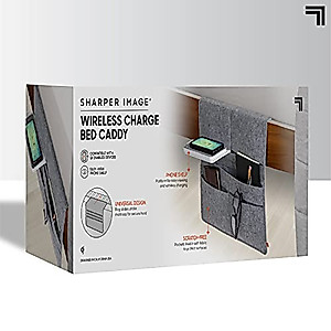 Sharper Image Wireless Qi-Charging Bed Caddy, Soft Fabric Organizing Pockets with Phone Shelf and Universal Bed Attachment