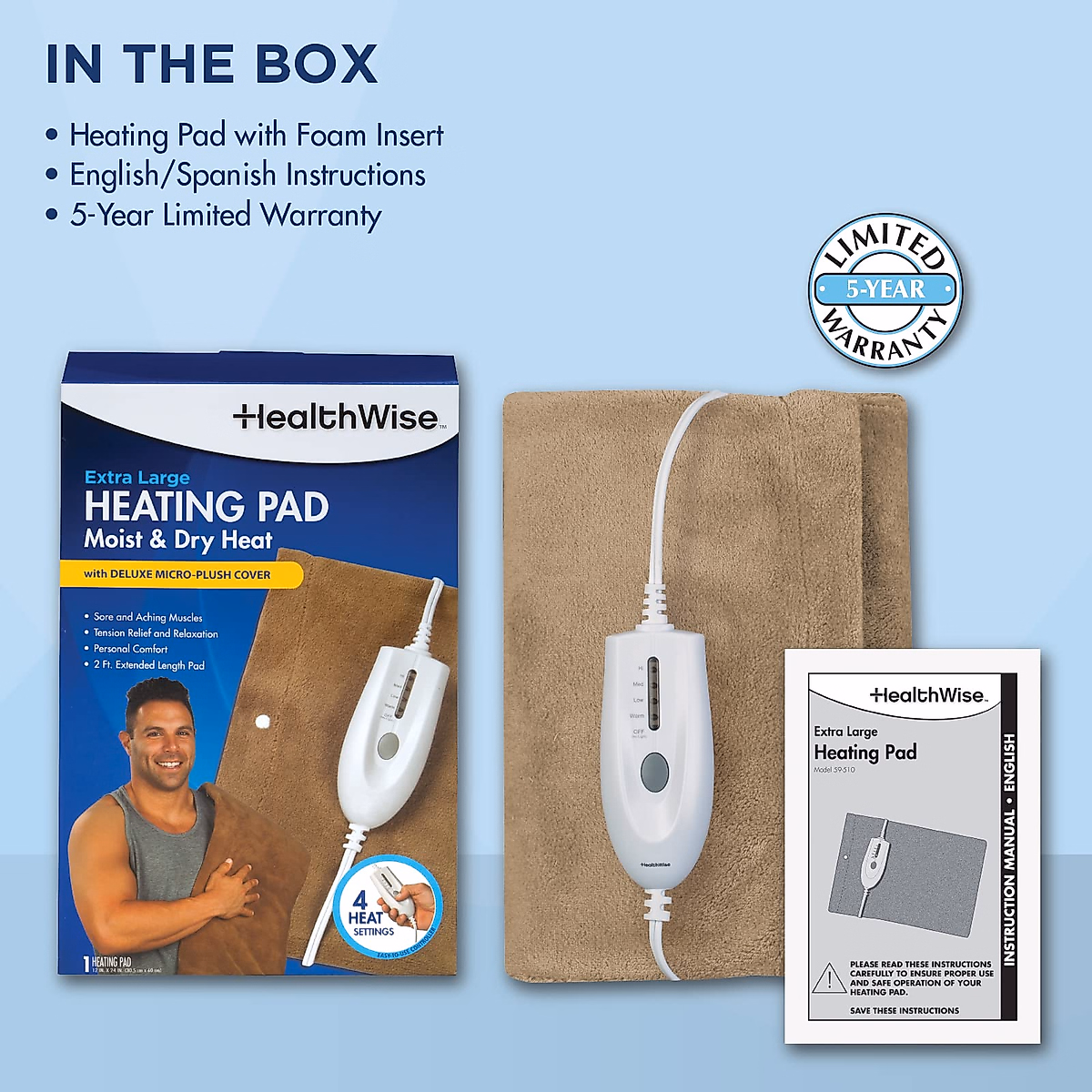 HealthWise Deluxe Extra Large 12” x 24” Heating Pad with Moist & Dry Heat | Four-Heat Settings | Soothing Warm Relief