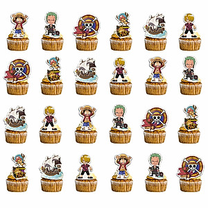 48Pcs Cupcake Toppers for One Piece, Anime Birthday Party Supplies Anime Theme Party Cake Decorations