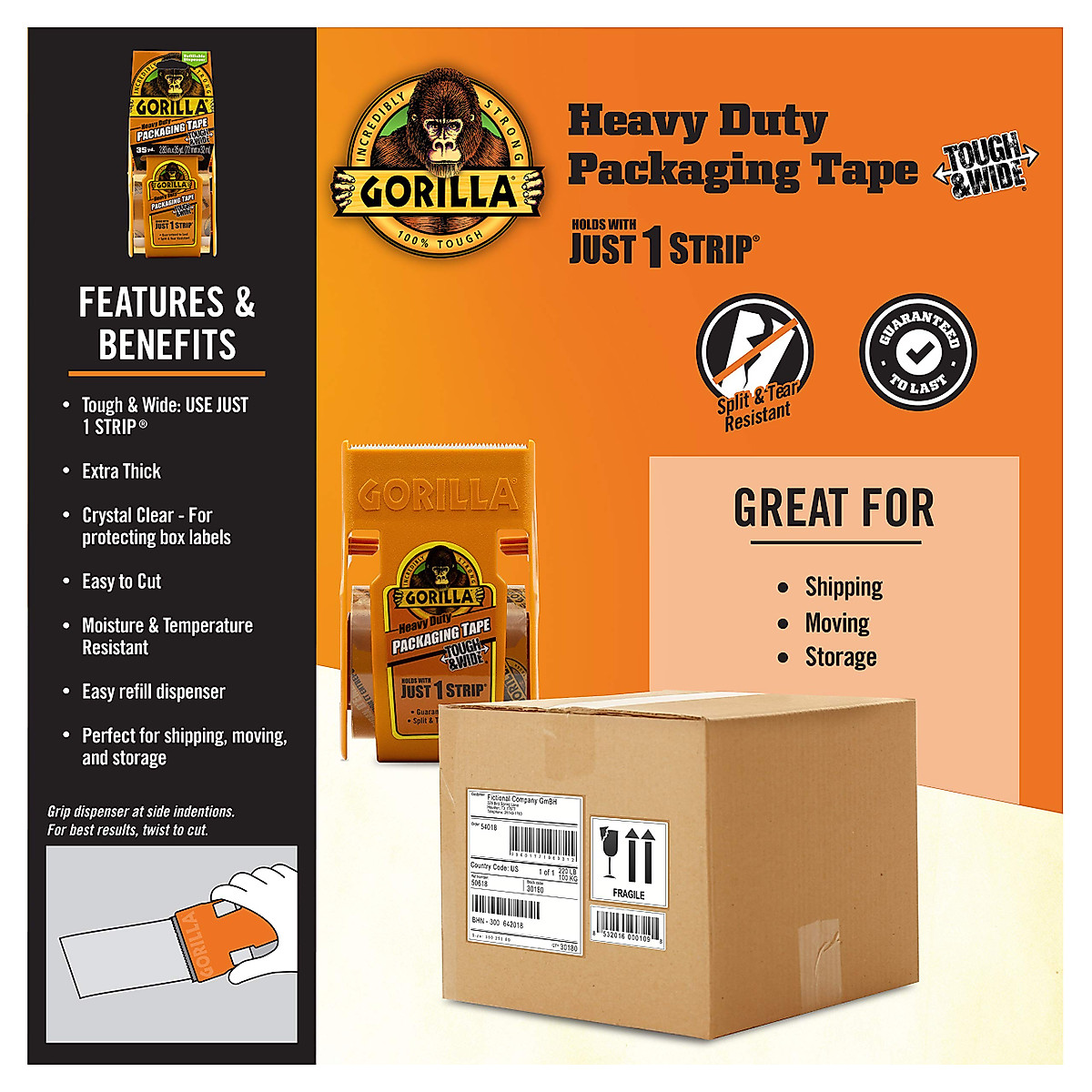 Gorilla Packing Tape Tough & Wide with Dispenser for Moving, Shipping and Storage, 2.83" x 35 yd, Clear, (Pack of 6)